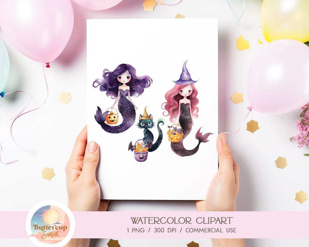 Halloween Mermaids Clipart: Trick or Treat Sea Witches Cat Mermaid ...