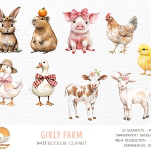 35 Girl Farm Animals Watercolor Clipart PNG Digital Download ...