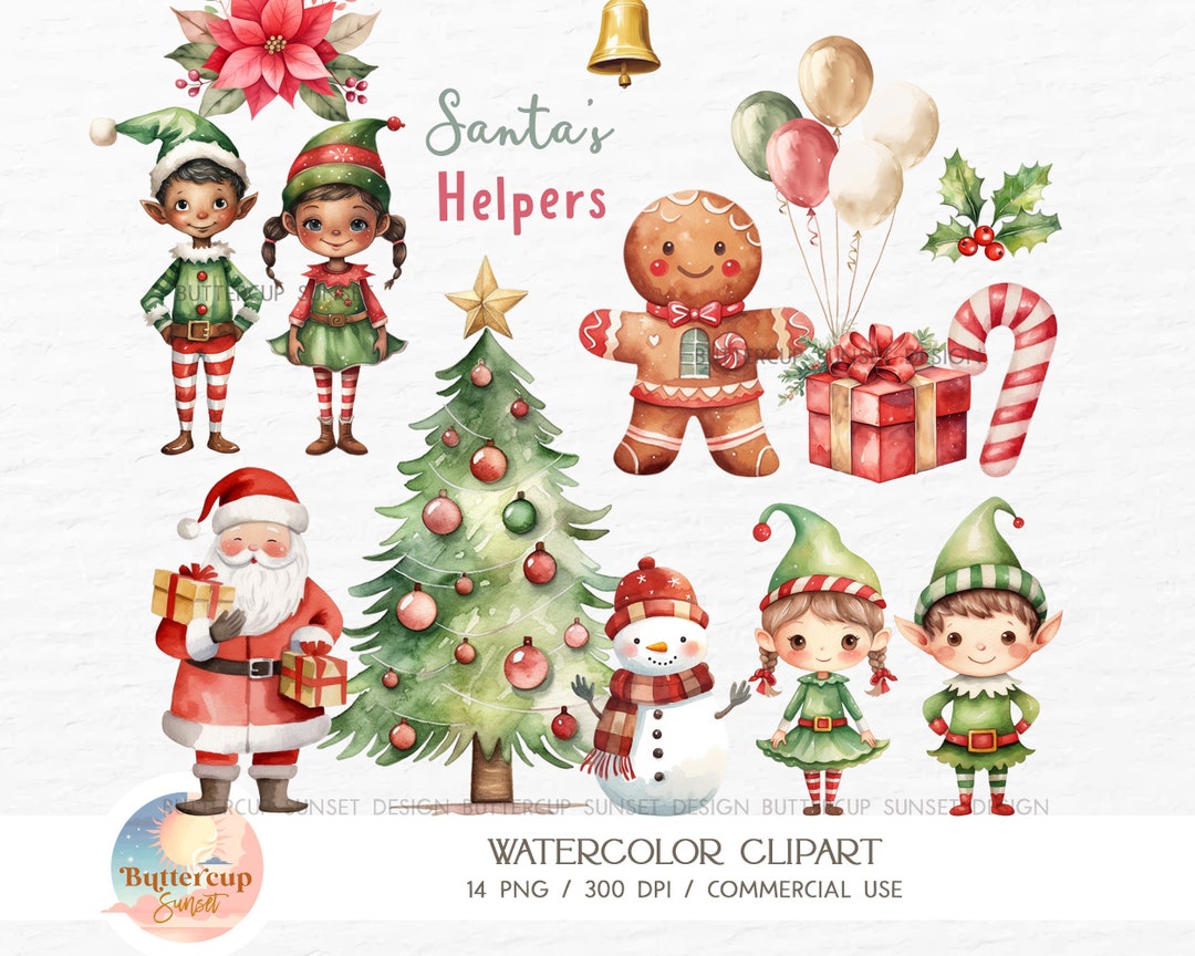 14 Santa's Helpers Watercolor Clipart PNG Digital Download | Christmas ...