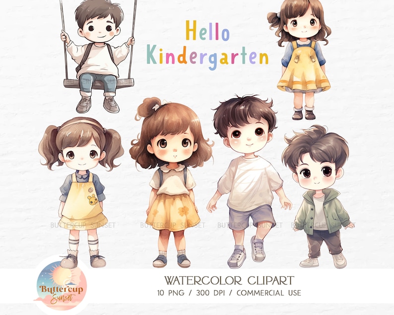 10 Kindergarten Kids Watercolor Clipart PNG Digital Download Cartoon ...