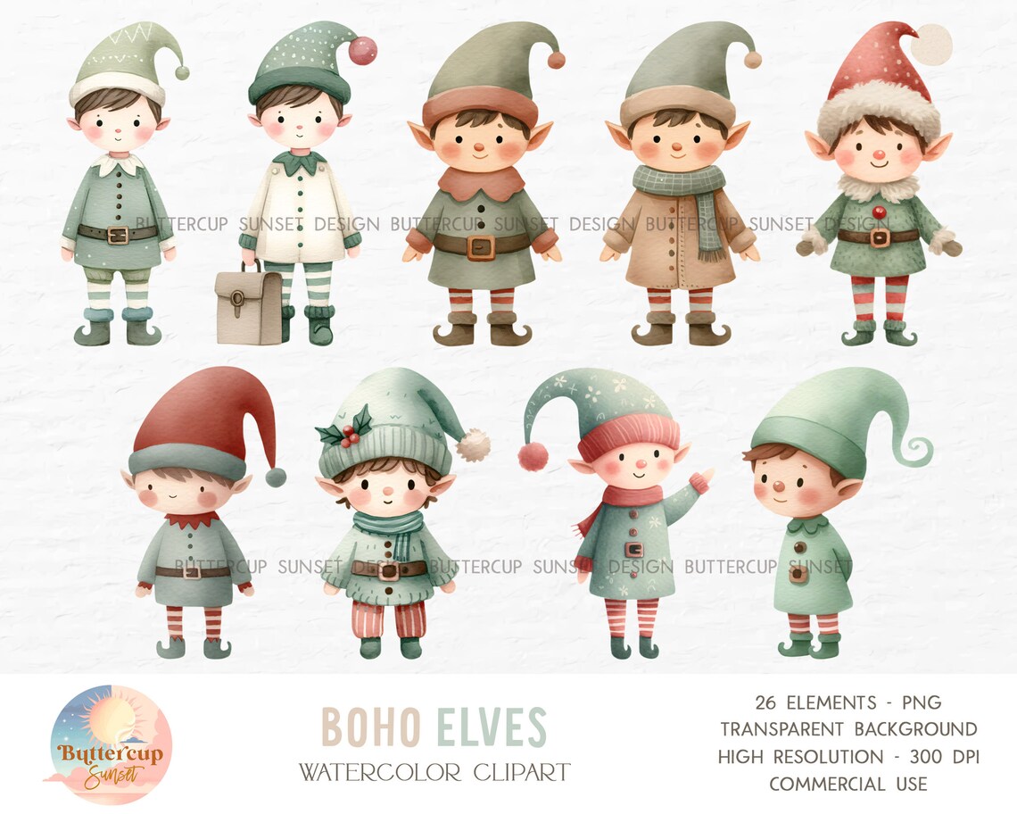 Boho Christmas Elves Clipart: Muted Tones Boho Elf Letters Xmas ...