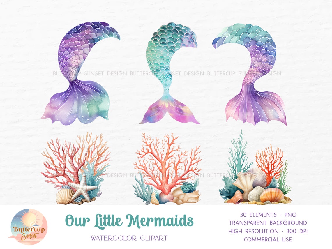 30 Little Mermaids Watercolor Clipart PNG Digital Download - Etsy