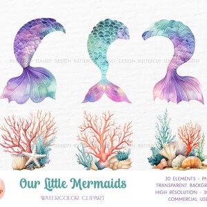 30 Little Mermaids Watercolor Clipart PNG Digital Download Mermaid ...