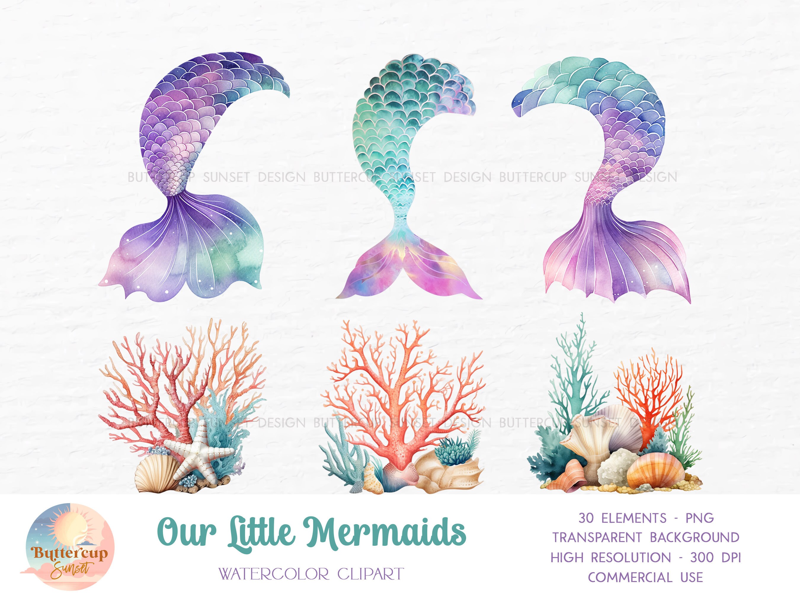 30 Little Mermaids Watercolor Clipart PNG Digital Download - Etsy