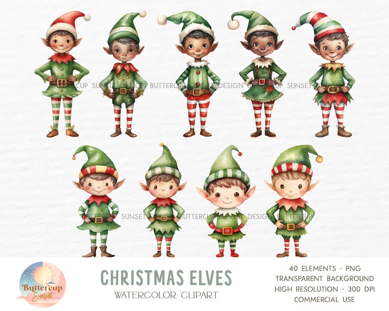 40 Elfi di Natale Acquerello Clipart PNG Download digitale / - Etsy Italia