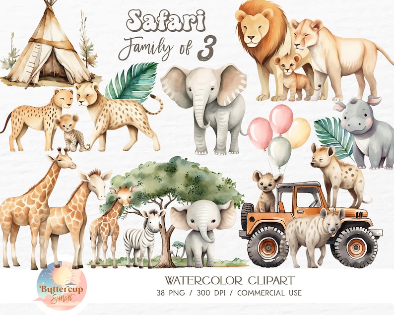 38 Safari Animals Family of 3 Watercolor Clipart PNG Digital - Etsy