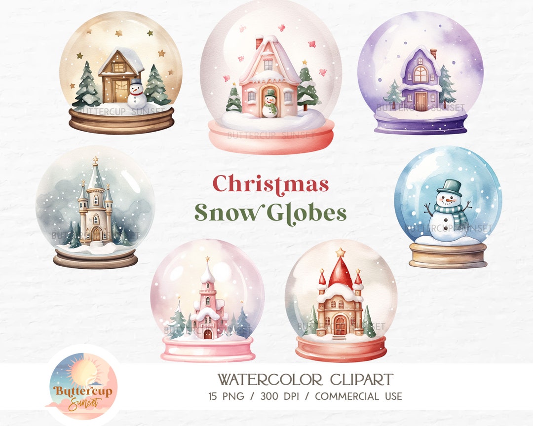 15 Christmas Snow Globes Watercolor Clipart PNG Digital Download Cute ...