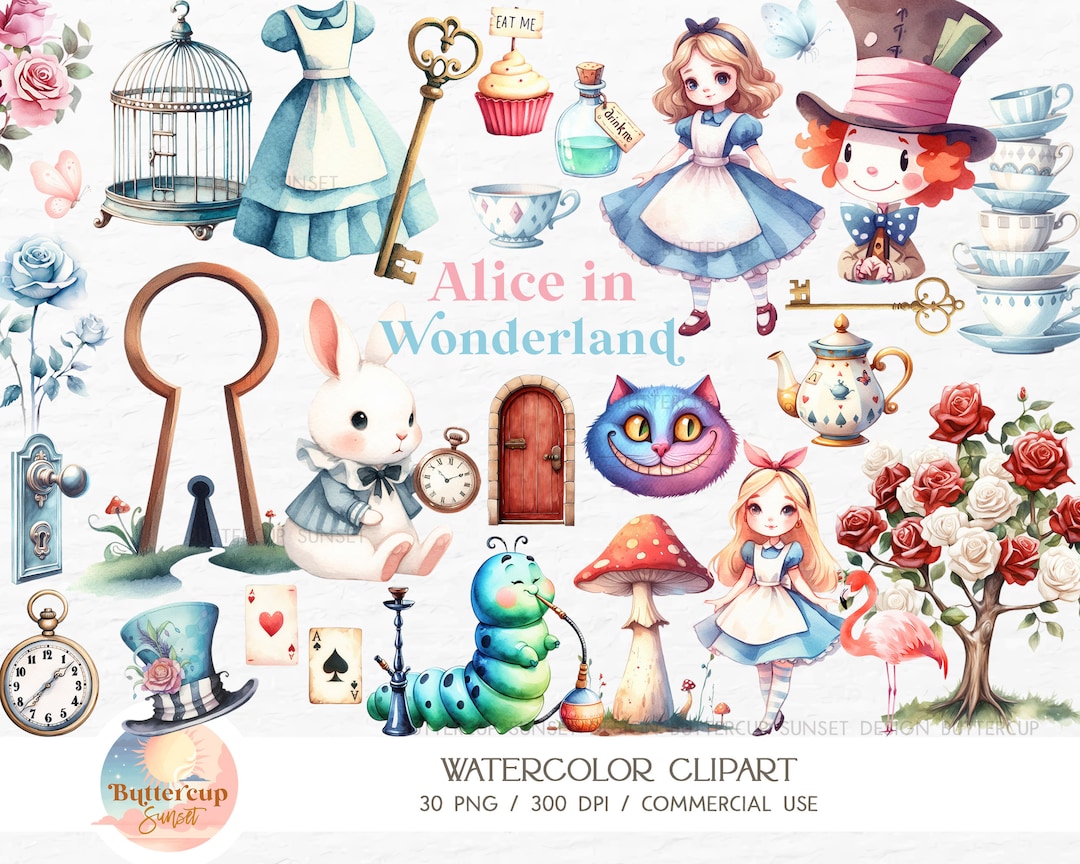 30 Alice in Wonderland Watercolor Clipart PNG Digital Download | Cute ...