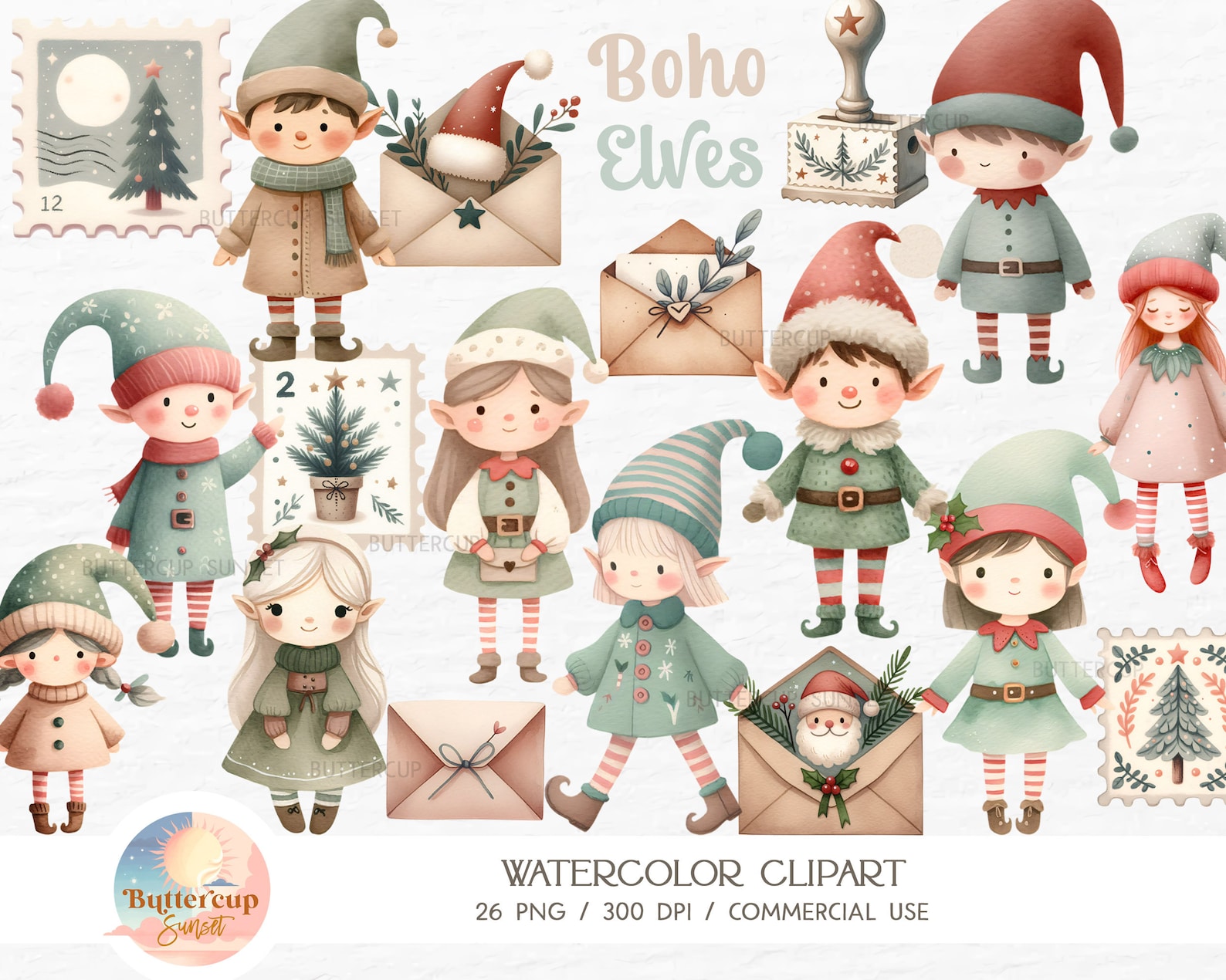Boho Christmas Elves Clipart: Muted Tones Boho Elf Letters Xmas ...