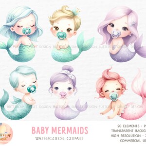 20 Baby Mermaids Watercolor Clipart PNG Digital Download | Mermaid ...