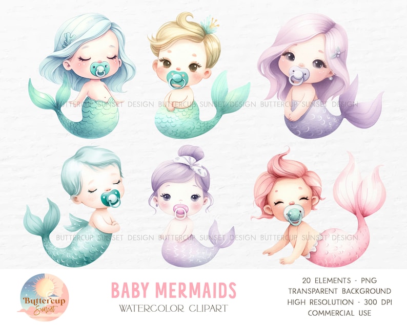 Baby Mermaids Clipart: Mermaid Tails Pastel Under the Sea Baby Shower ...
