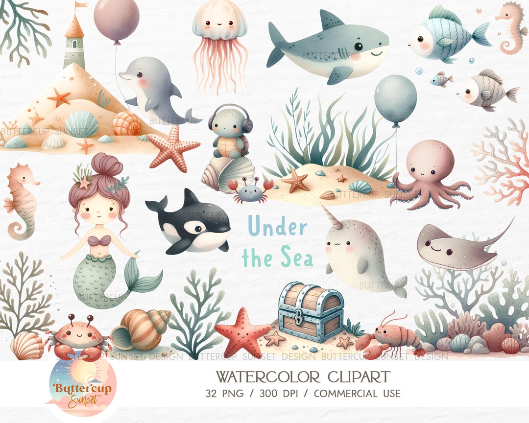 32 Under the Sea Animals Watercolor Clipart PNG Digital Download | Cute ...