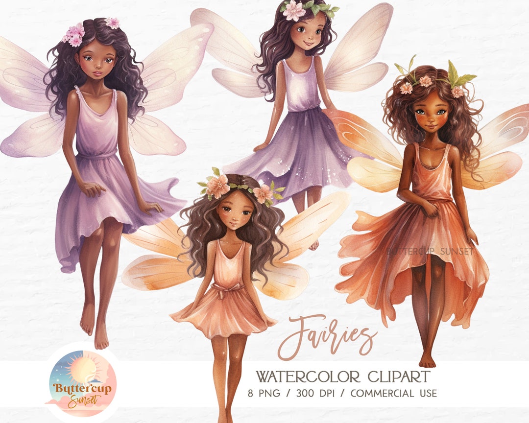 8 Dark Skin Fairies Watercolor Clipart PNG Digital Download | Black ...