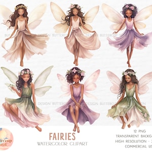 12 Dark Skin Fairies Watercolor Clipart PNG Digital Download | Black ...