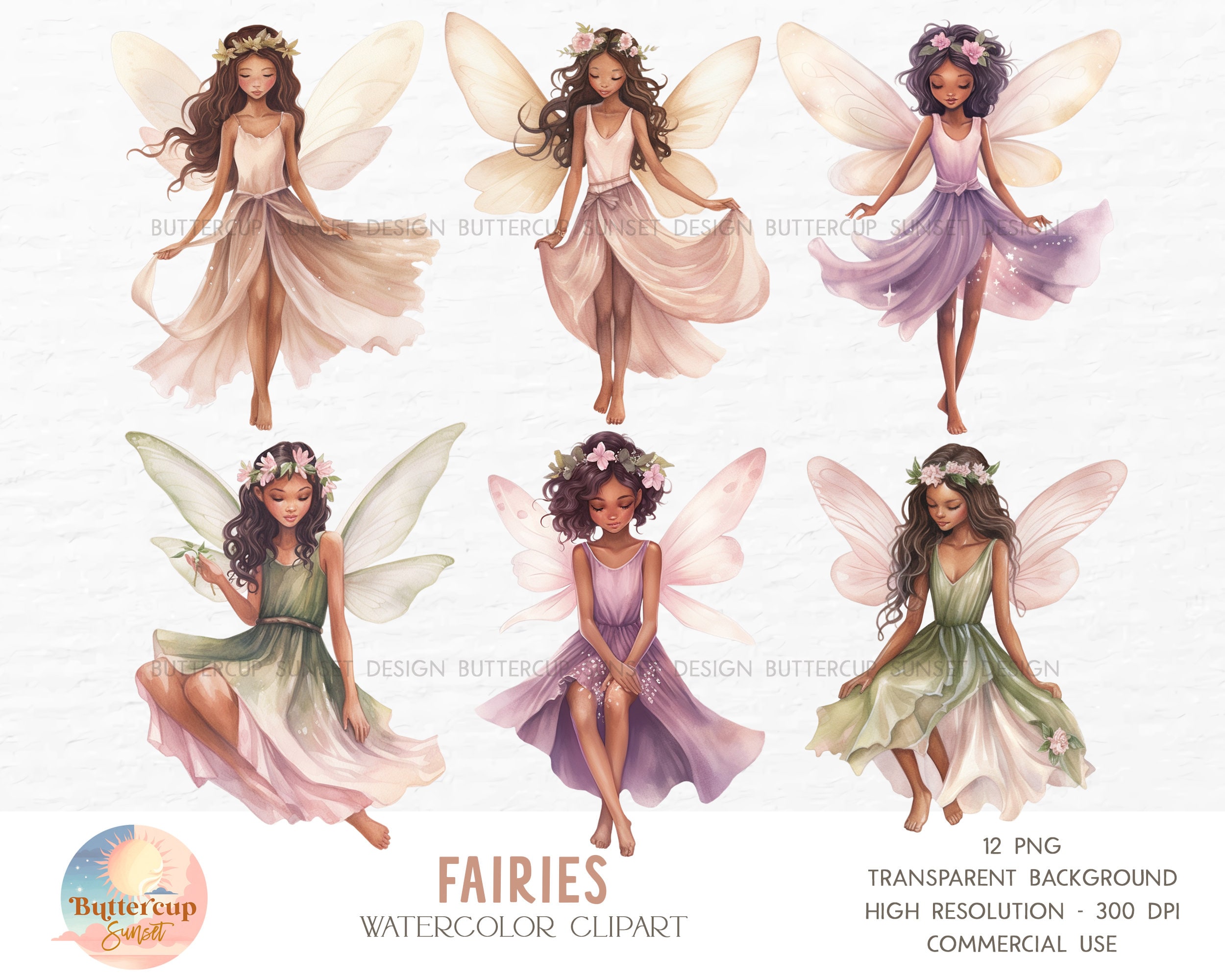 12 Dark Skin Fairies Watercolor Clipart PNG Digital Download - Etsy