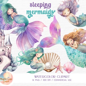 14 Sleeping Baby Mermaids Watercolor Clipart PNG Digital Download ...