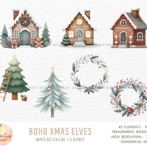 42 Boho Christmas Elves Watercolor Clipart PNG Digital Download | Boho ...