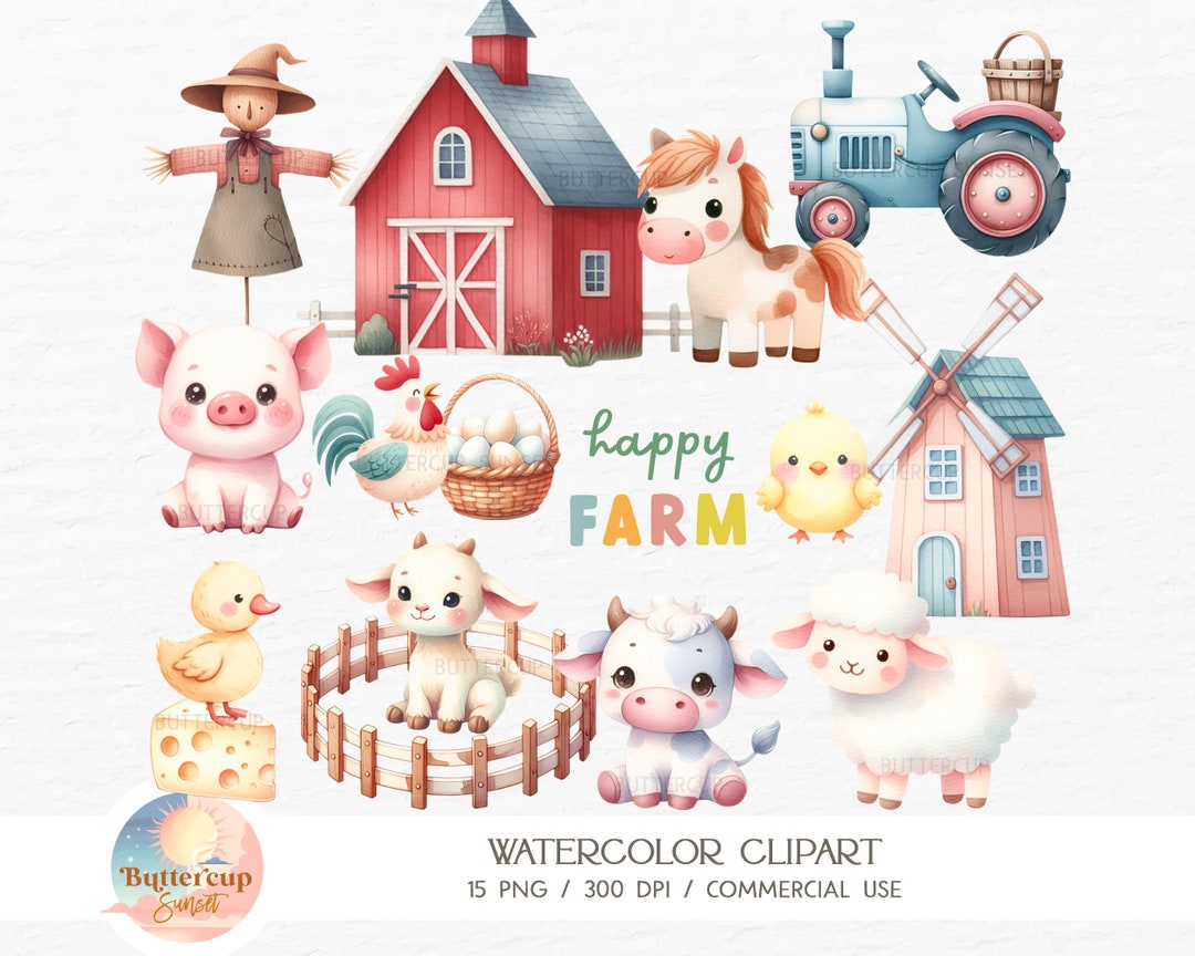 15 Farm Animals Watercolor Clipart PNG Digital Download | Barnyard ...