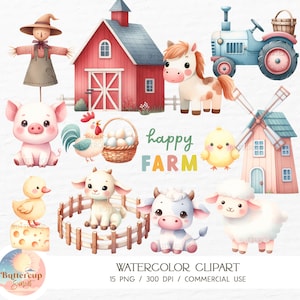 15 Farm Animals Watercolor Clipart PNG Digital Download | Barnyard ...
