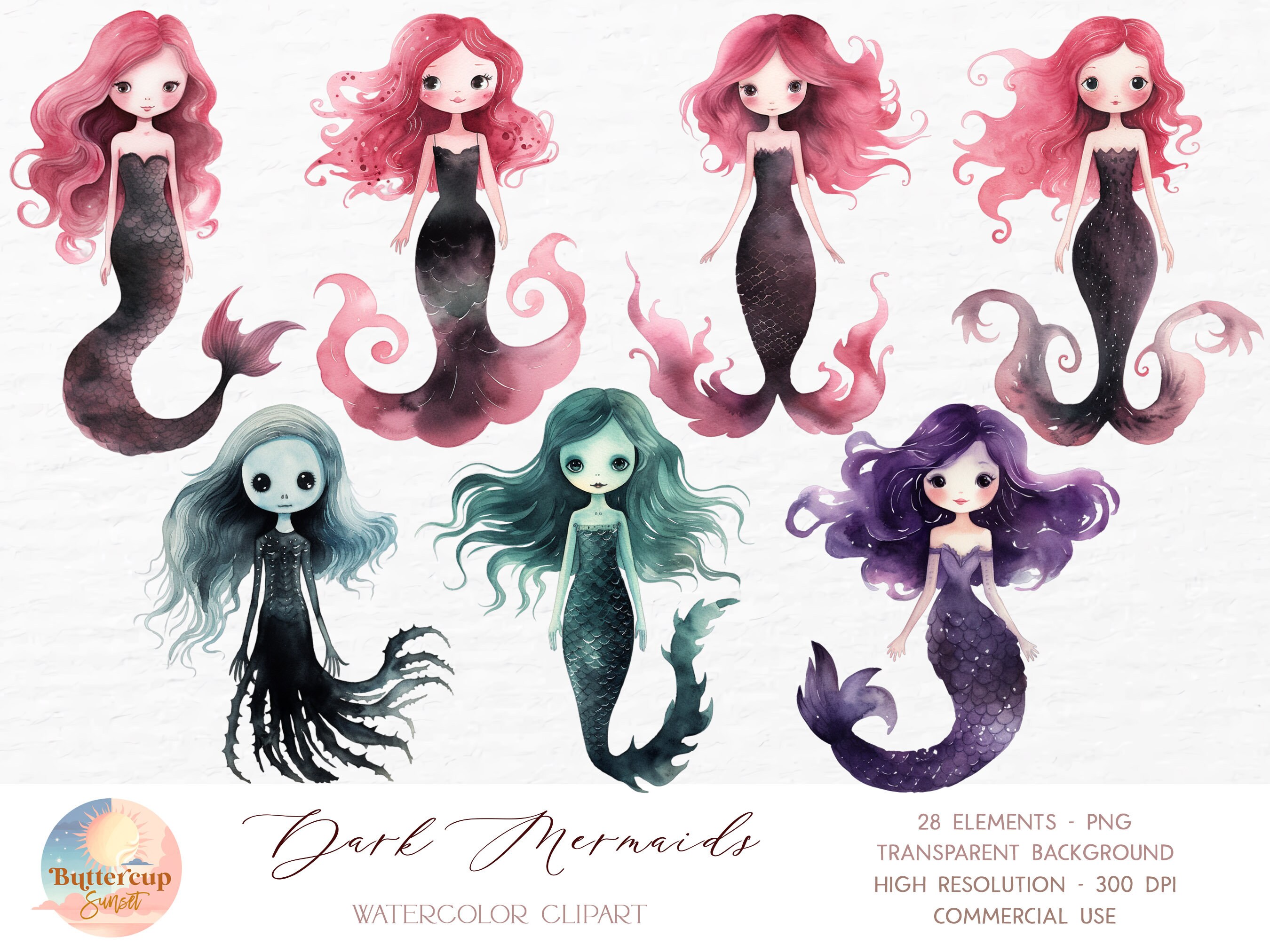 Dark Mermaids Clipart: Under the Sea Mermaid Sea Witch Halloween Party ...