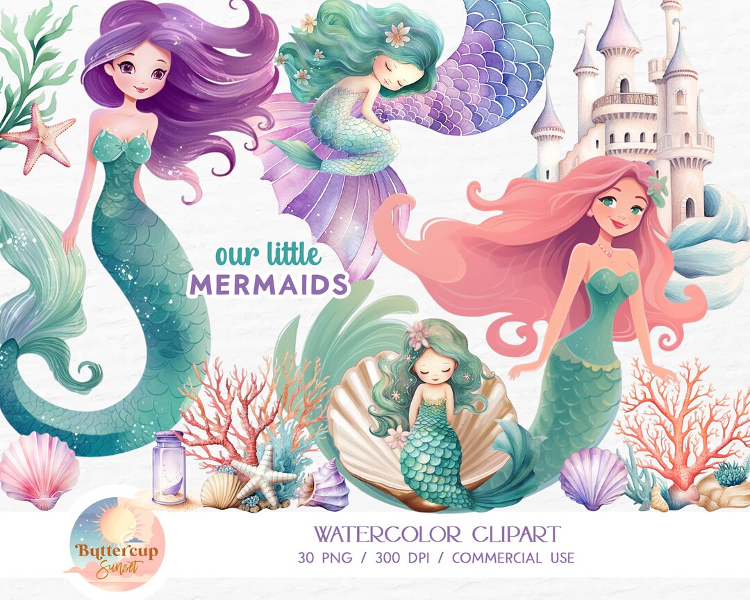 30 Little Mermaids Watercolor Clipart PNG Digital Download | Mermaid ...