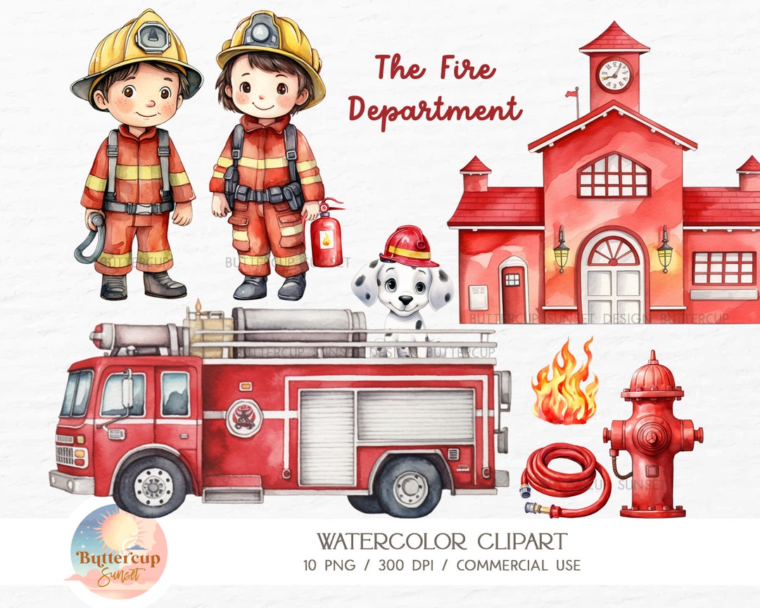 10 Fire Department Watercolor Clipart PNG | Fire Station Fireman Fire ...