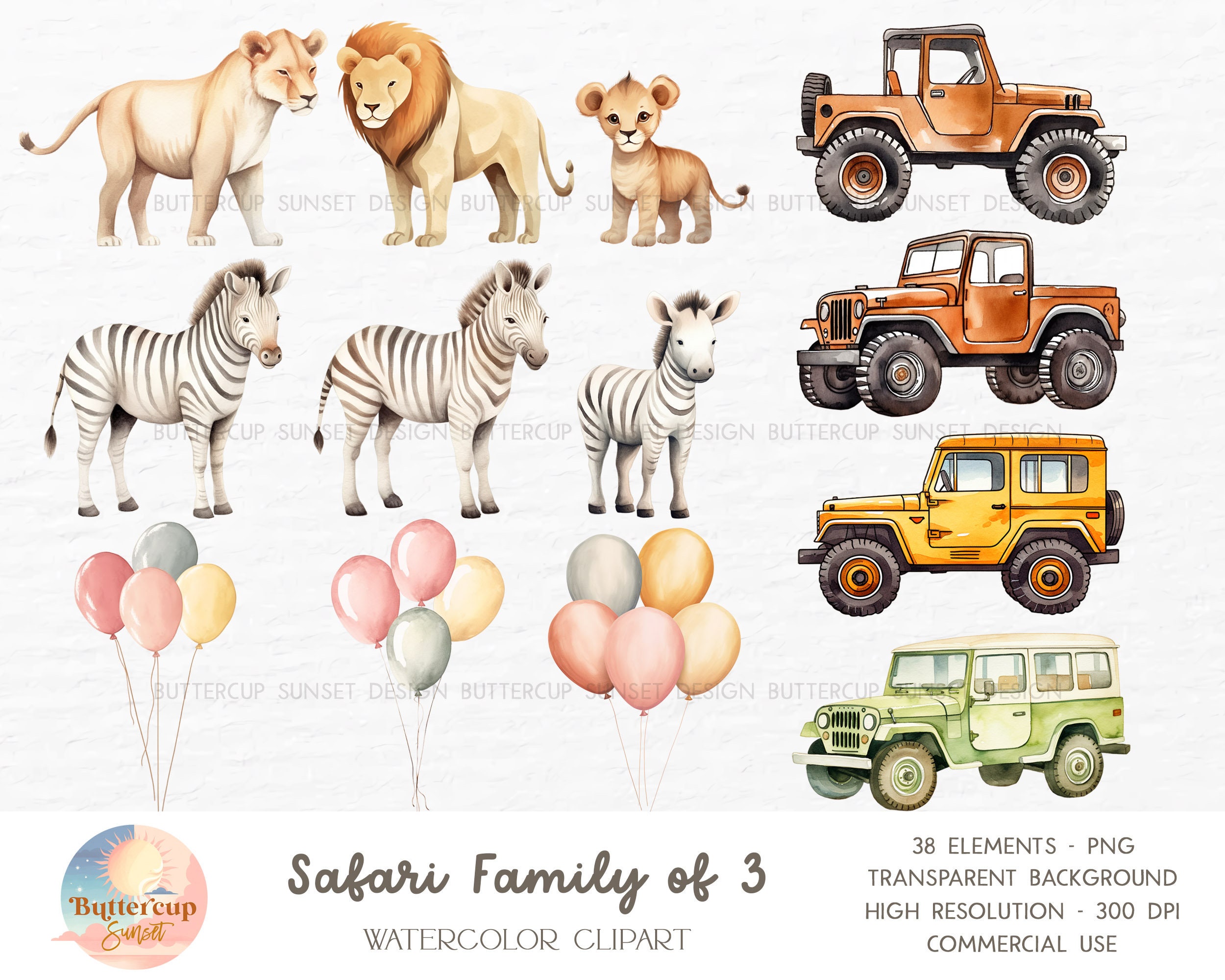 38 Safari Animals Family of 3 Watercolor Clipart PNG Digital - Etsy