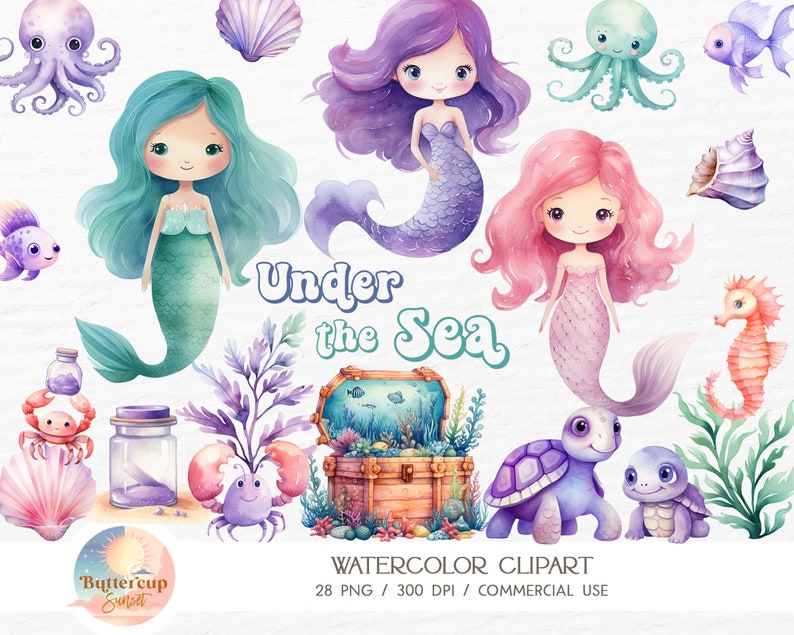 Mermaids Under the Sea Clipart: Pastel Mermaid Sea Animals Birthday ...