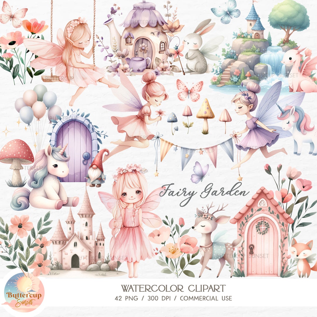 42 Pastel Fairy Garden Watercolor Clipart PNG Digital Download ...