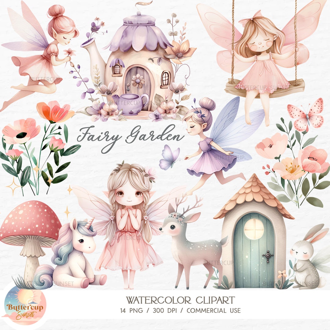 14 Pastel Fairy Garden Watercolor Clipart PNG Digital Download ...