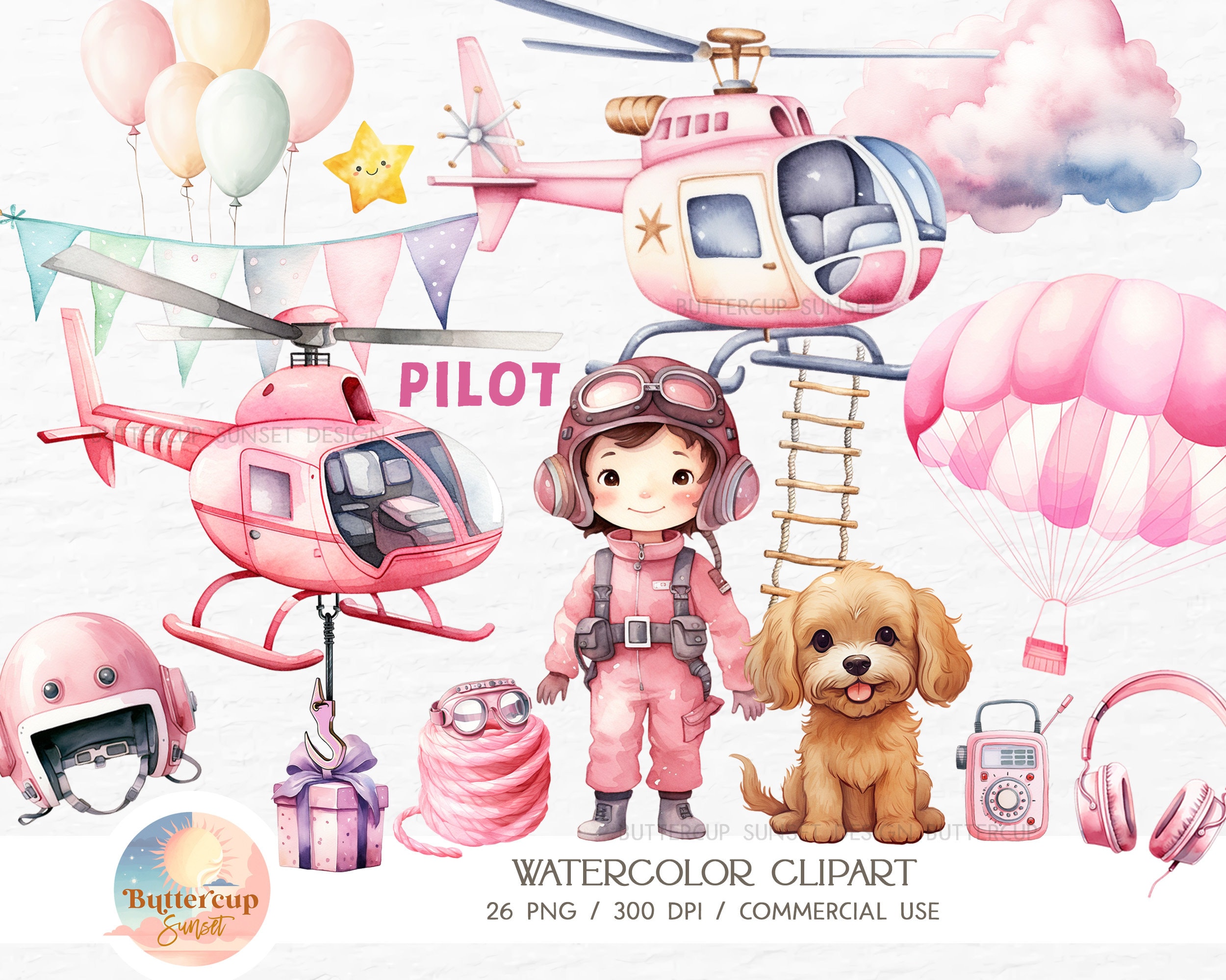 26 Pink Pilot Watercolor Clipart PNG Pink Pilot Helicopter Girl Pilot ...