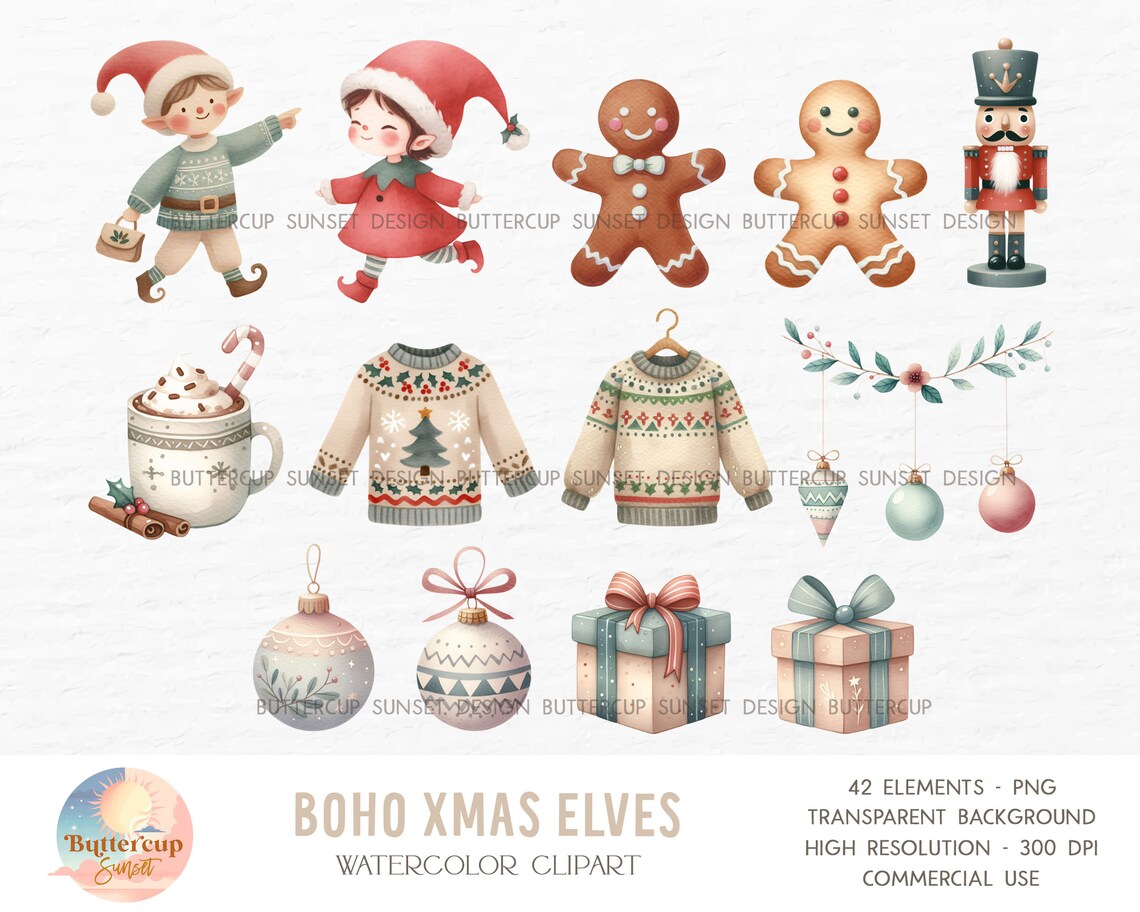 Boho Christmas Elves Clipart: Boho Elf Letters Gingerbread House Xmas ...