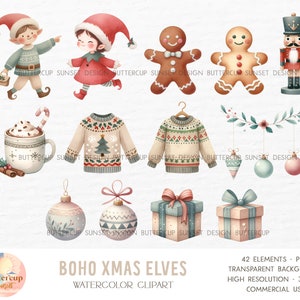 42 Boho Christmas Elves Watercolor Clipart PNG Digital Download | Boho ...