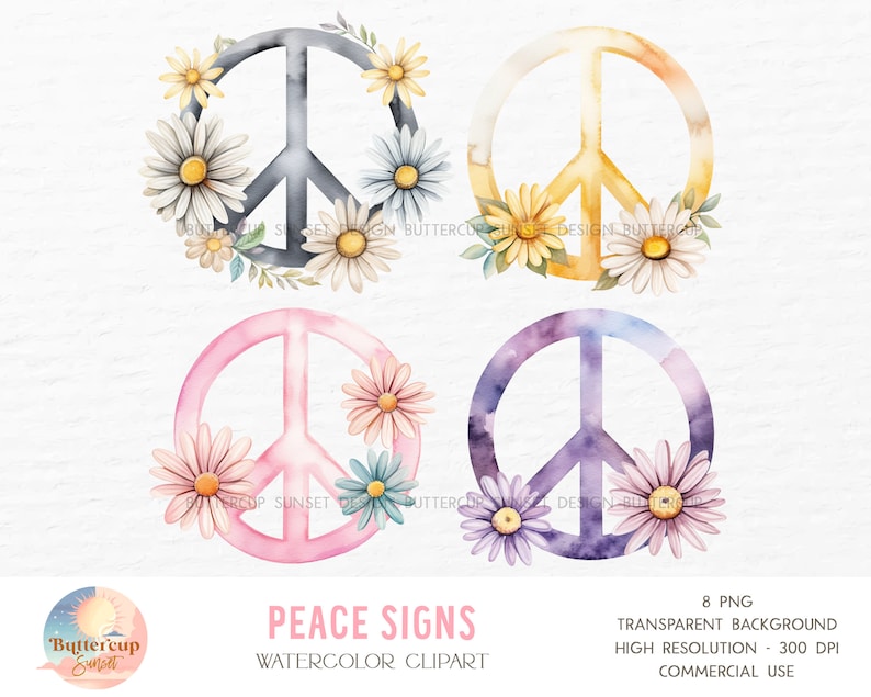 8 Groovy Daisy Peace Signs Watercolor Clipart PNG Digital Download Boho ...