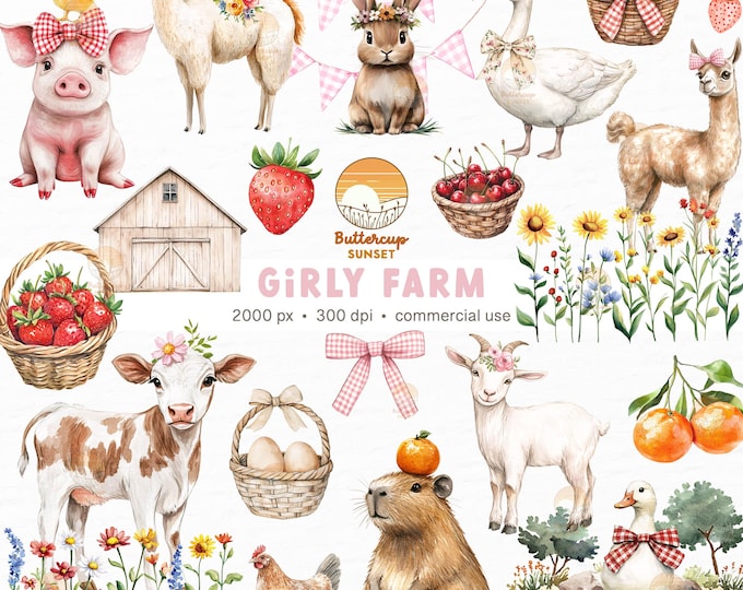 Watercolor Farm Portraits Clipart, Cute Animals Clipart, Baby Animals ...