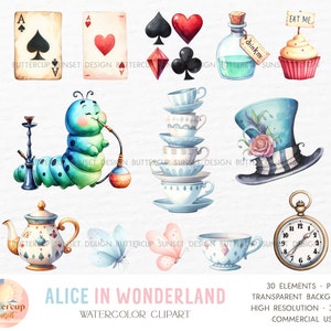 30 Alice in Wonderland Watercolor Clipart PNG Digital Download | Cute ...
