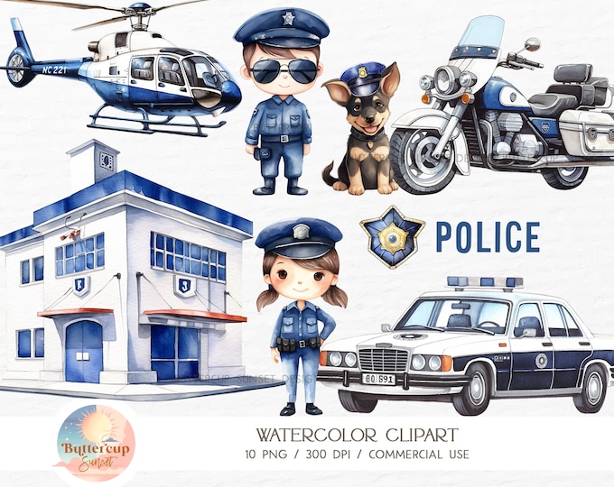 Watercolor Cute Police Clipart for Kids, Police Vehicles, Watercolor ...