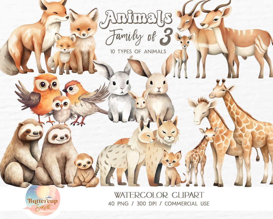 40 Family of Three Animals Watercolor Clipart PNG Digital Download ...