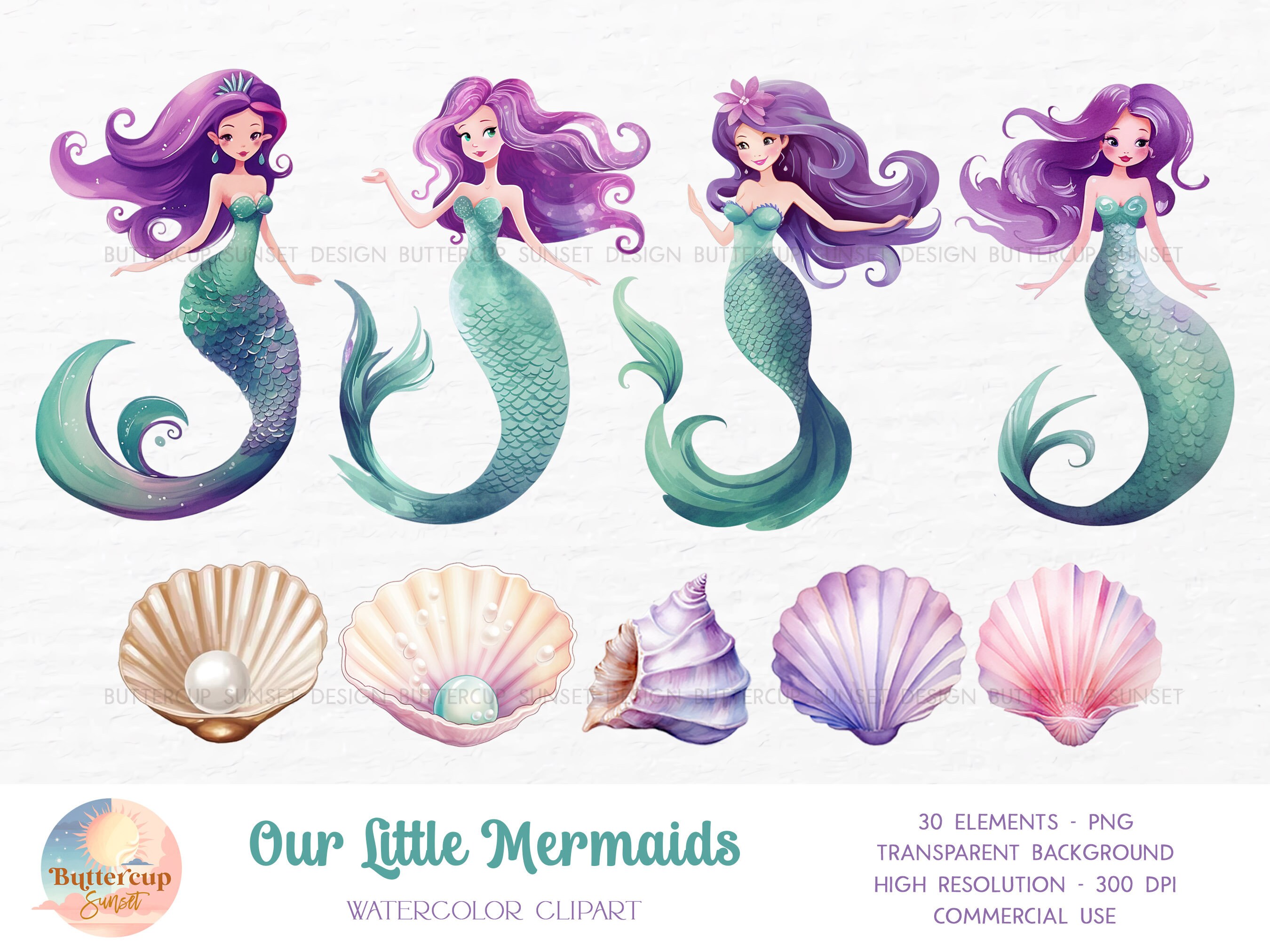 30 Little Mermaids Watercolor Clipart PNG Digital Download - Etsy