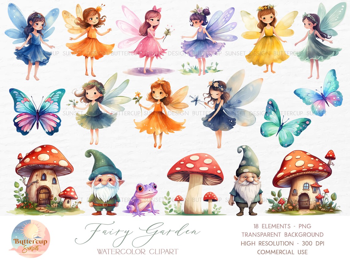 18 jardín de hadas acuarela Clipart PNG descarga digital / - Etsy España