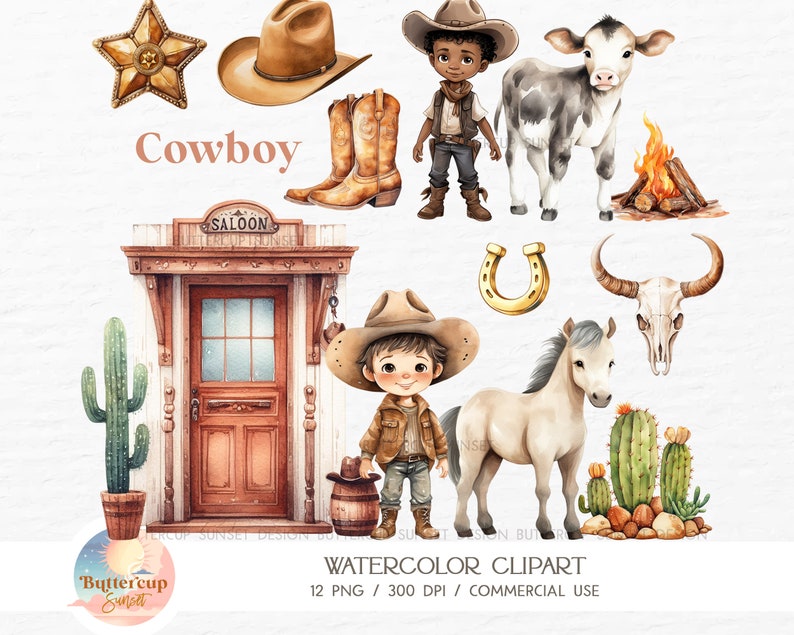 12 Cowboy Watercolor Clipart PNG Digital Download Boho - Etsy UK