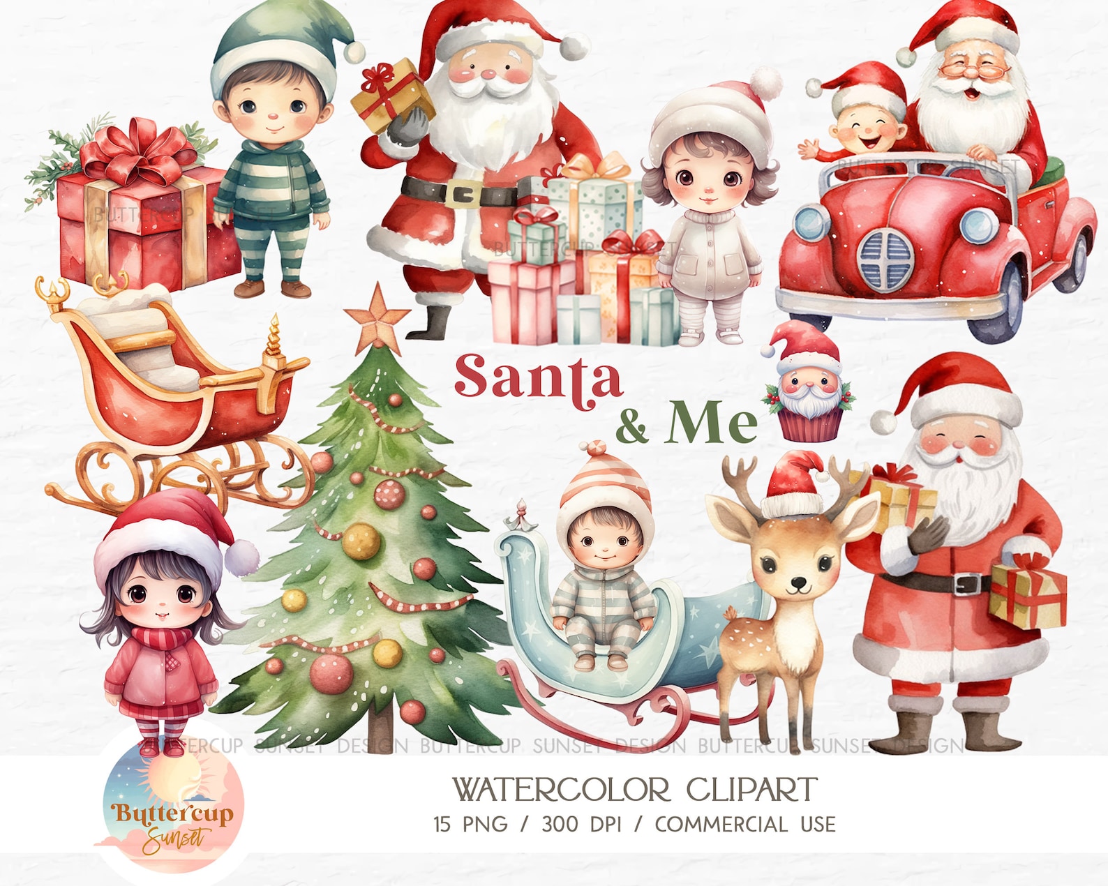 15 Santa and Kids Watercolor Clipart PNG Digital Download Christmas Boy ...