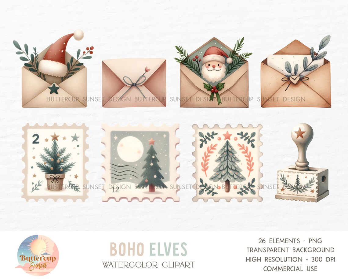 Boho Christmas Elves Clipart: Muted Tones Boho Elf Letters Xmas ...