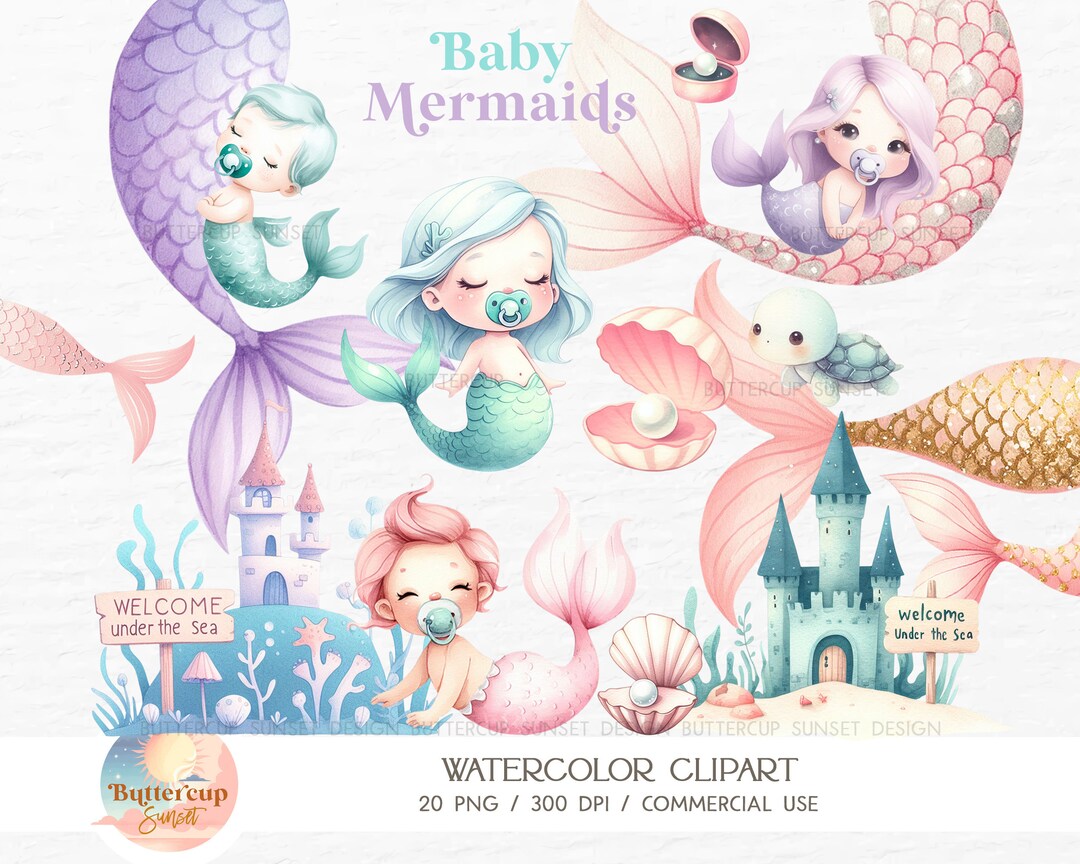Baby Mermaids Clipart: Mermaid Tails Pastel Under the Sea Baby Shower ...