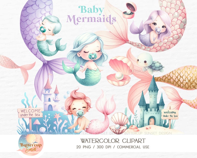 20 Baby Mermaids Watercolor Clipart PNG Digital Download - Etsy