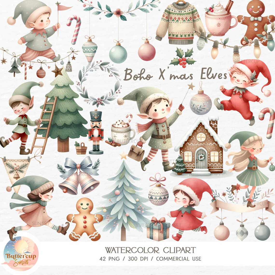 Boho Christmas Elves Clipart: Boho Elf Letters Gingerbread House Xmas ...