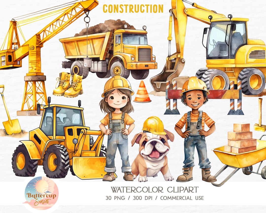 30 Construction Watercolor Clipart PNG | Construction Site Vehicles ...