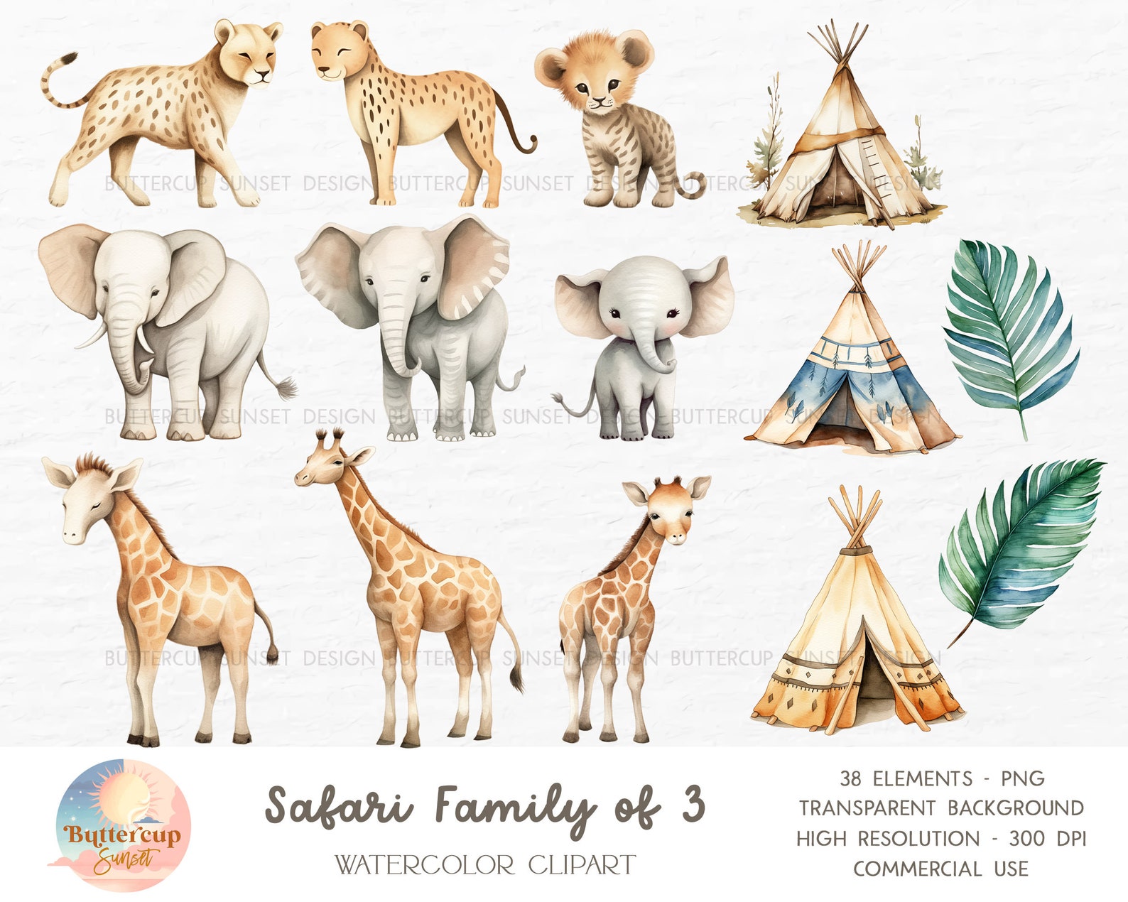 38 Safari Animals Family of 3 Watercolor Clipart PNG Digital - Etsy