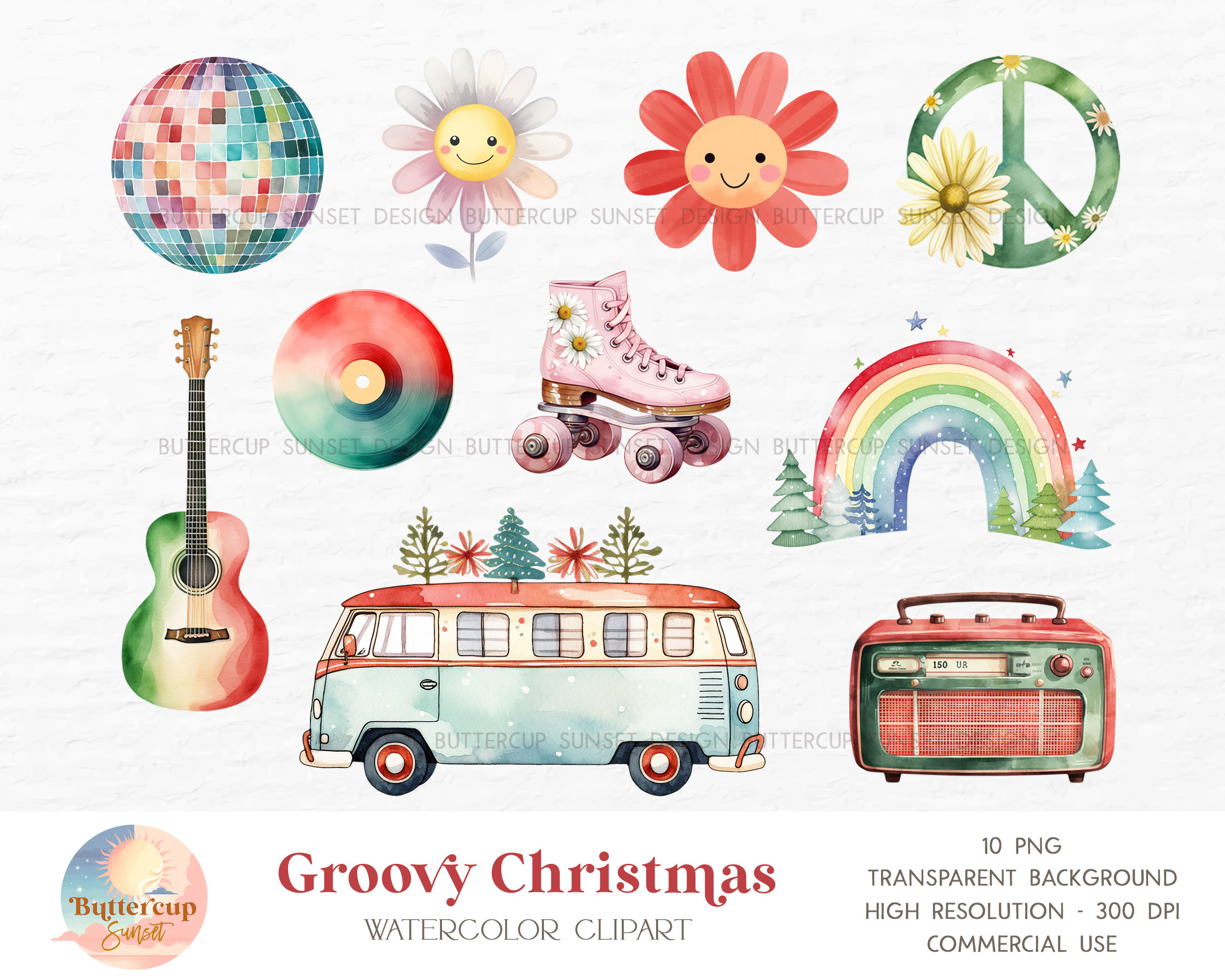 10 Groovy Christmas Watercolor Clipart PNG Digital Download - Etsy