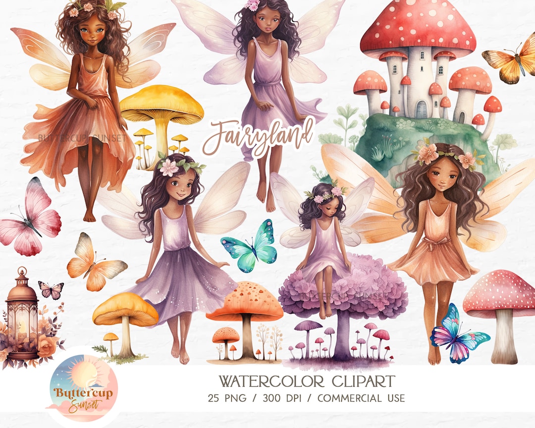25 Dark Skin Fairies Watercolor Clipart PNG Digital Download | Black ...